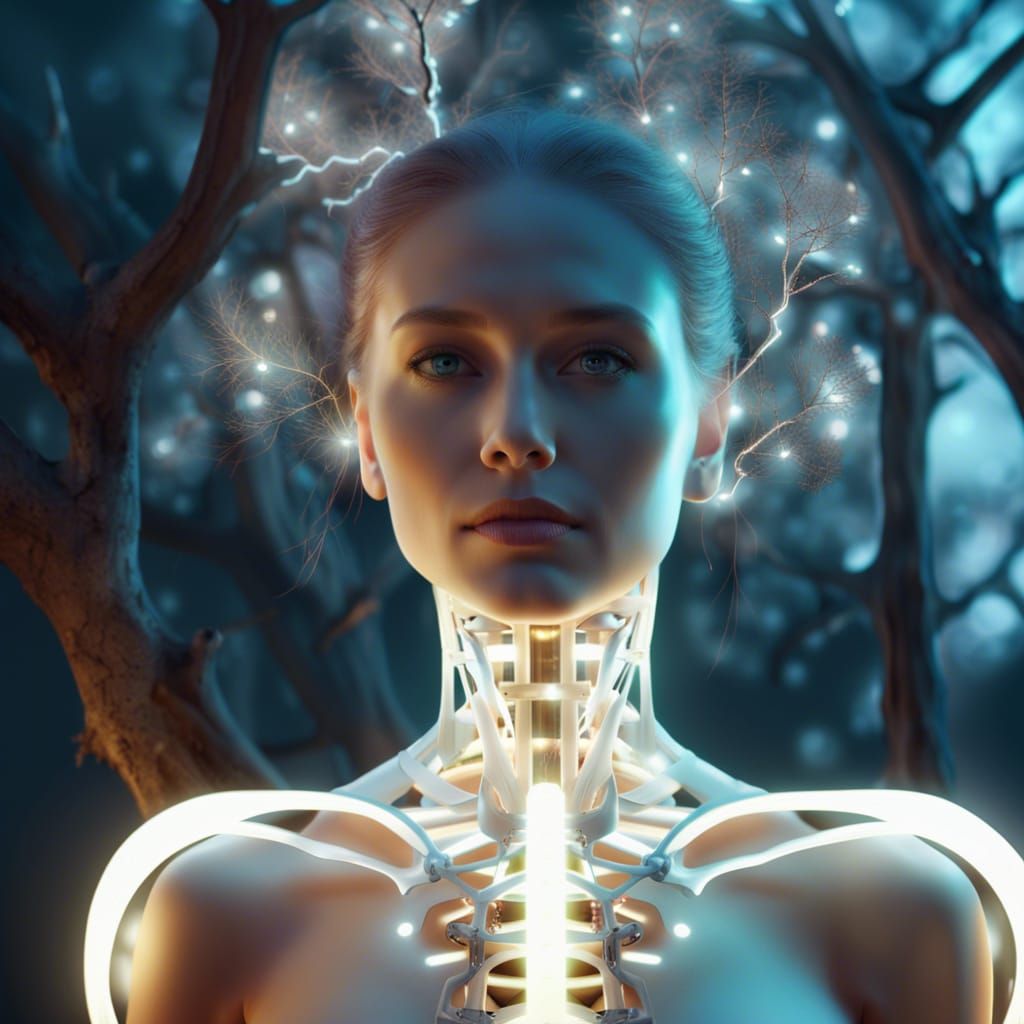 Woman with angelic body, anatomical, with parts of technological ...