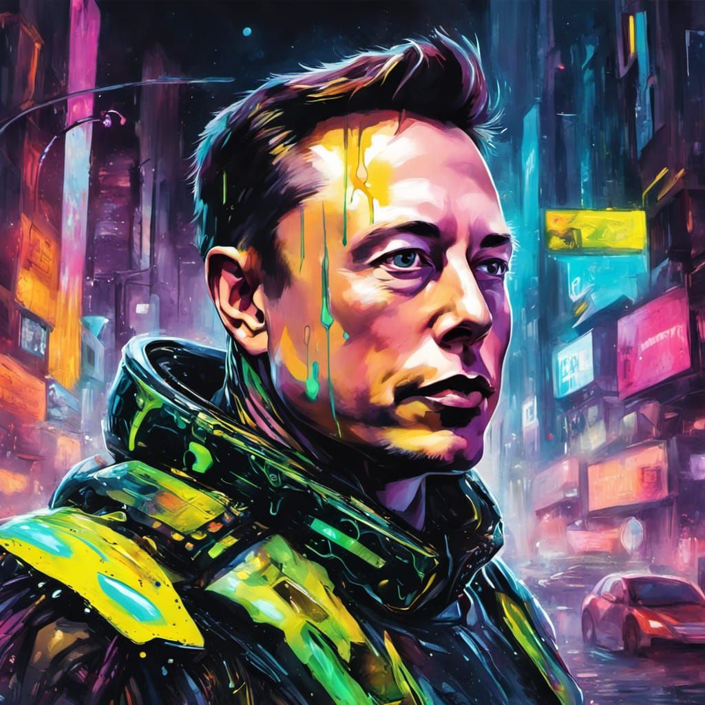 Portrait of a cyborg elon musk wearing futuristic face armor in a neon ...