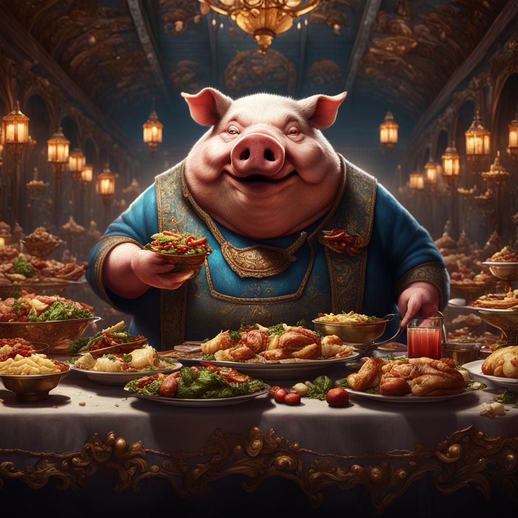 personified fat pig eating at a banquet with lots of food by himself ...