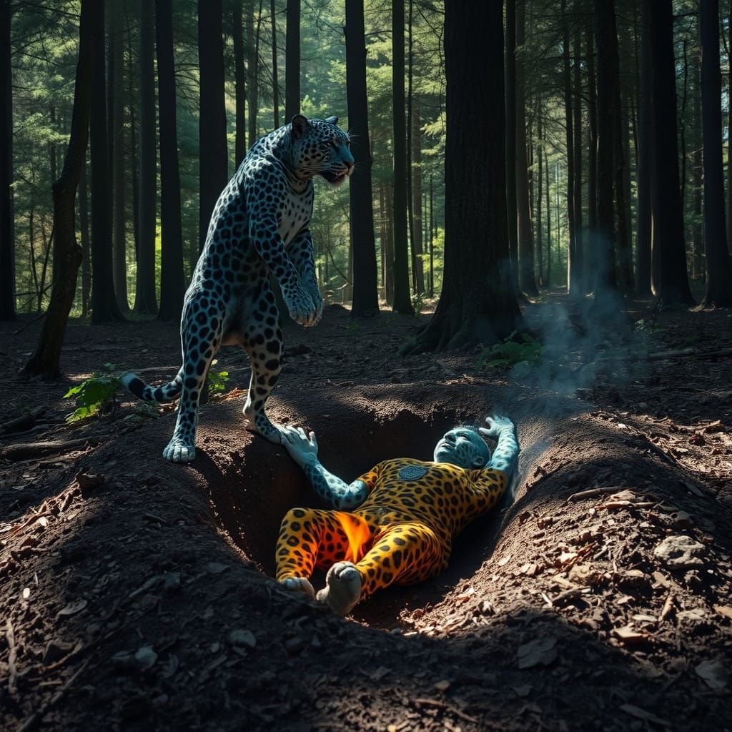Blue Leopard Shaman Mourns Yellow Leopard Friend i... - AI Art