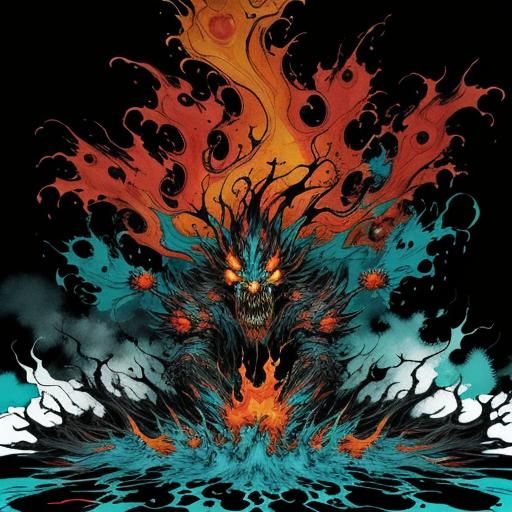 Terrifying ghostly shadow monster, red orange yellow electric blue ...