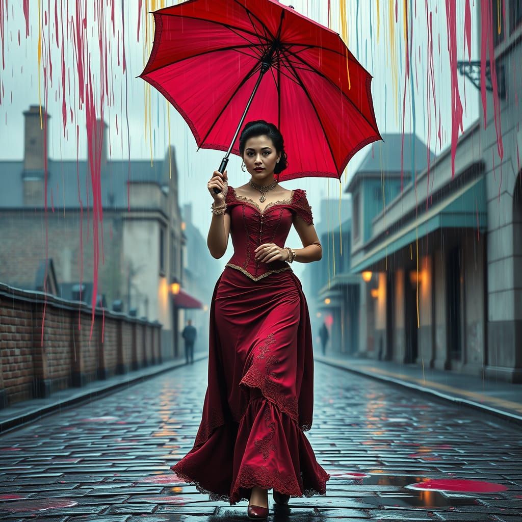 STYLE: "Hyper-realistic digital painting with a focus on flowing, controlled paint rain ...