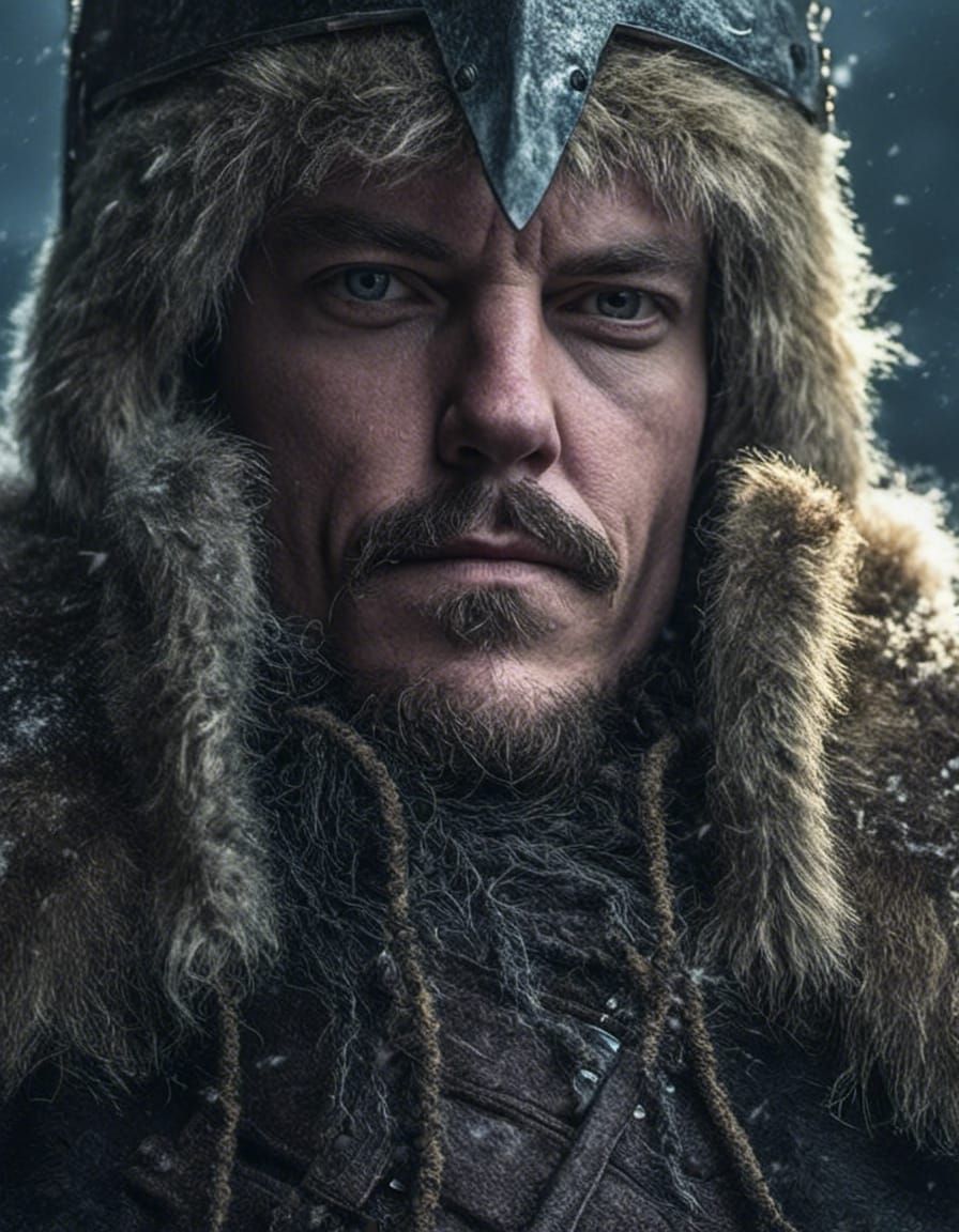 Close up Portrait Obese Wearing Viking Armor, frosted beard, furs, in ...
