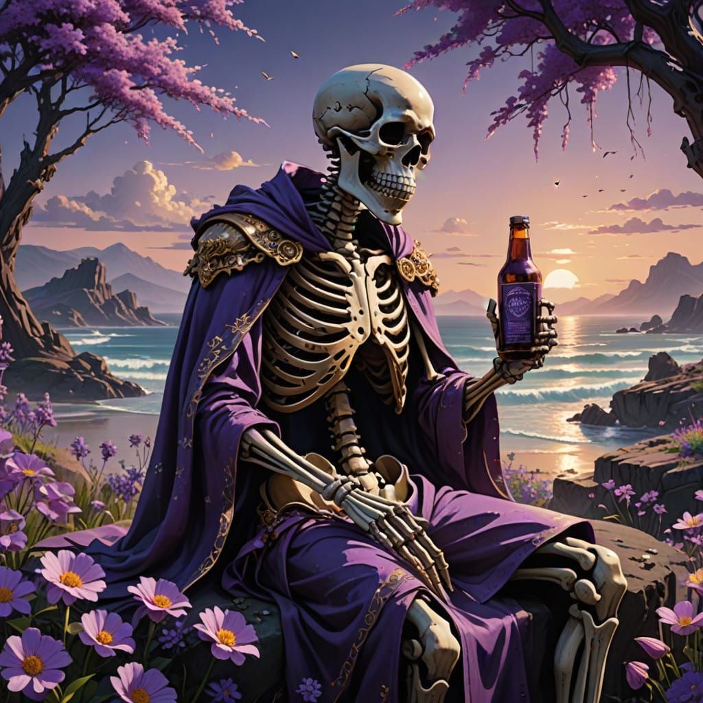 Time Flies - Regal Skeleton in Purple Robes Amidst Vibrant F...