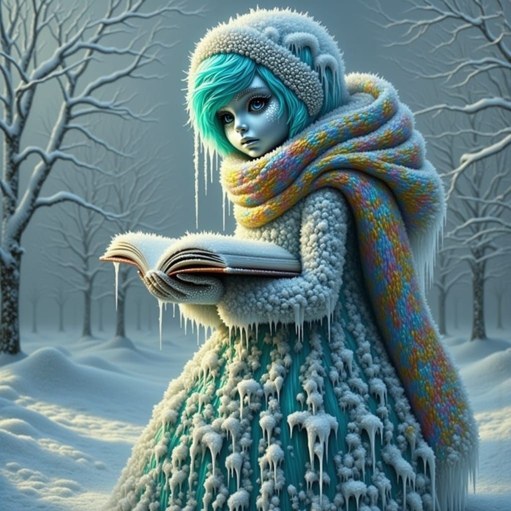 Frozen Girl Reading - Ethereal Ice Queen in a Snowy Library