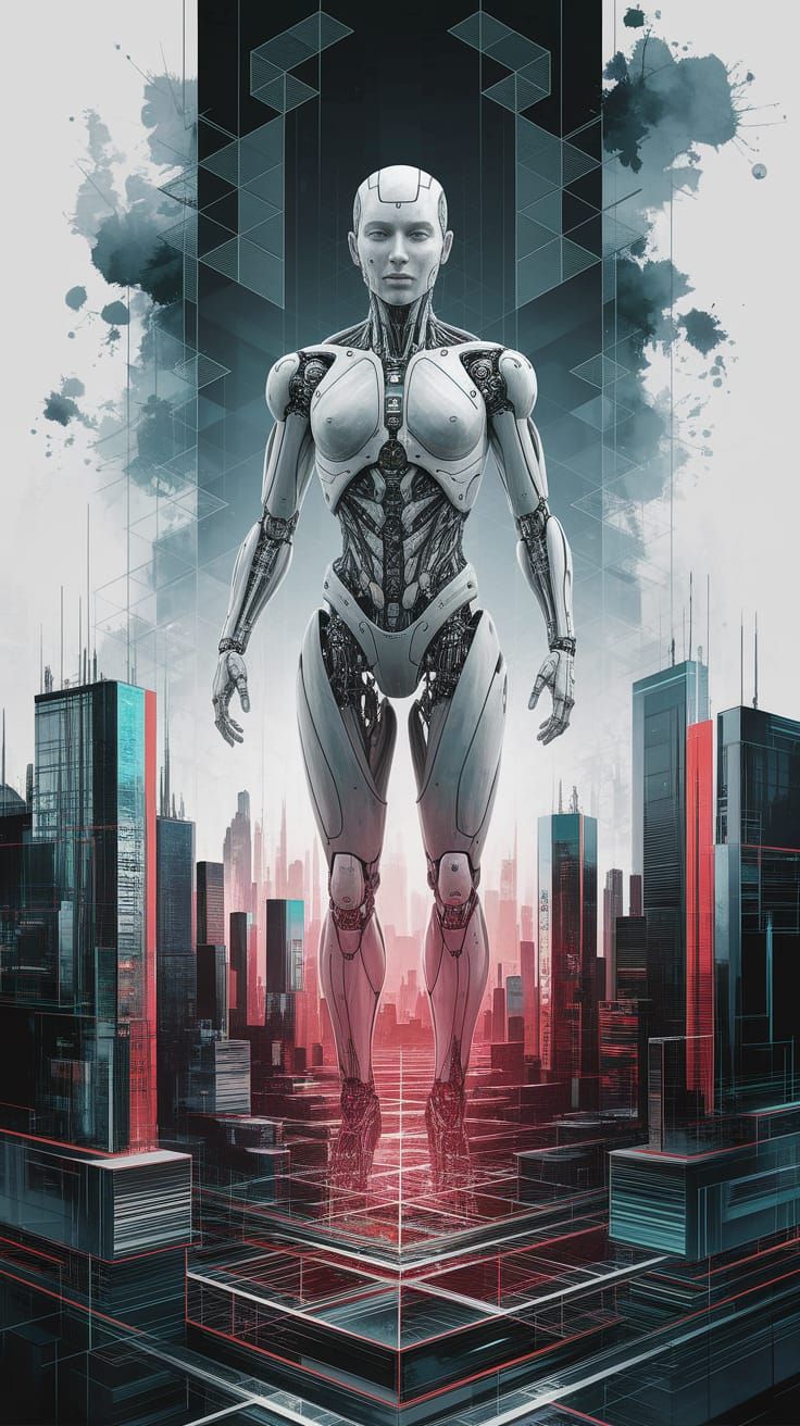 Translucent Cyborg Over Cybernetic Cityscape - AI Art