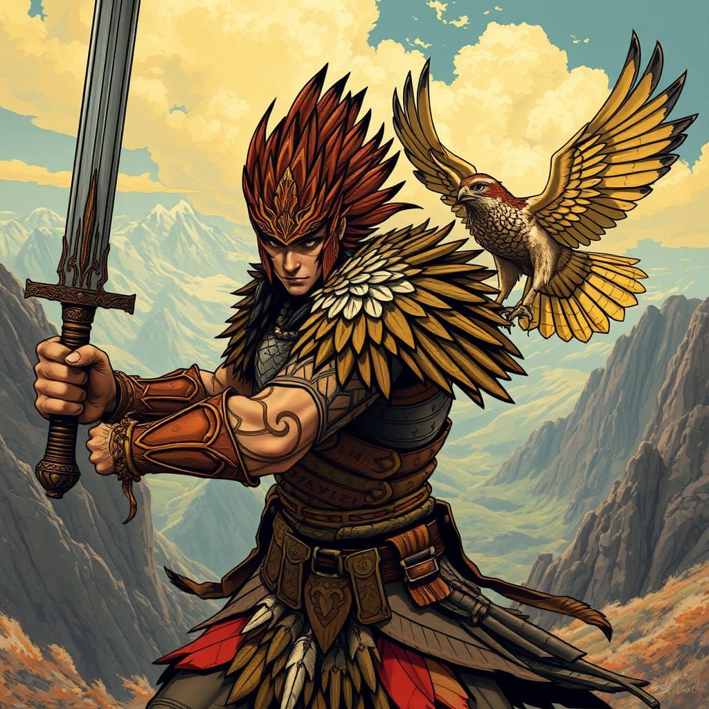 Fierce Falcon Warrior in Earth-Toned Armor Charges... - AI Art