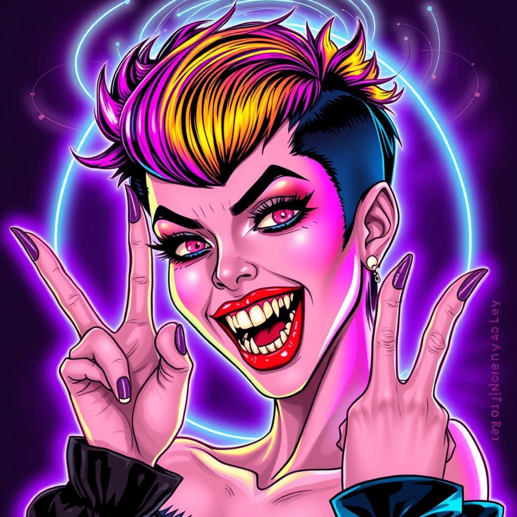 A gorgeous female vampire, sharp fangs,