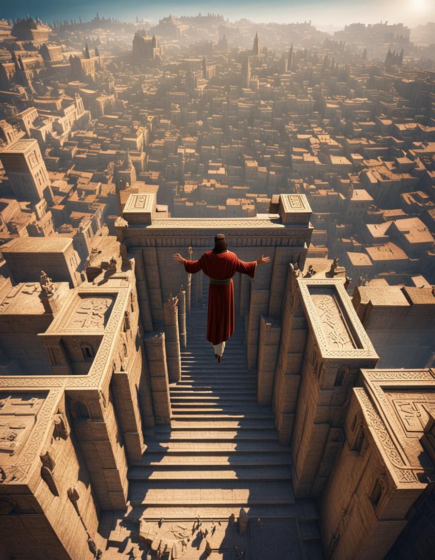 Dizzying overhead perspective, Jesus standing on the pinnacle of the ...