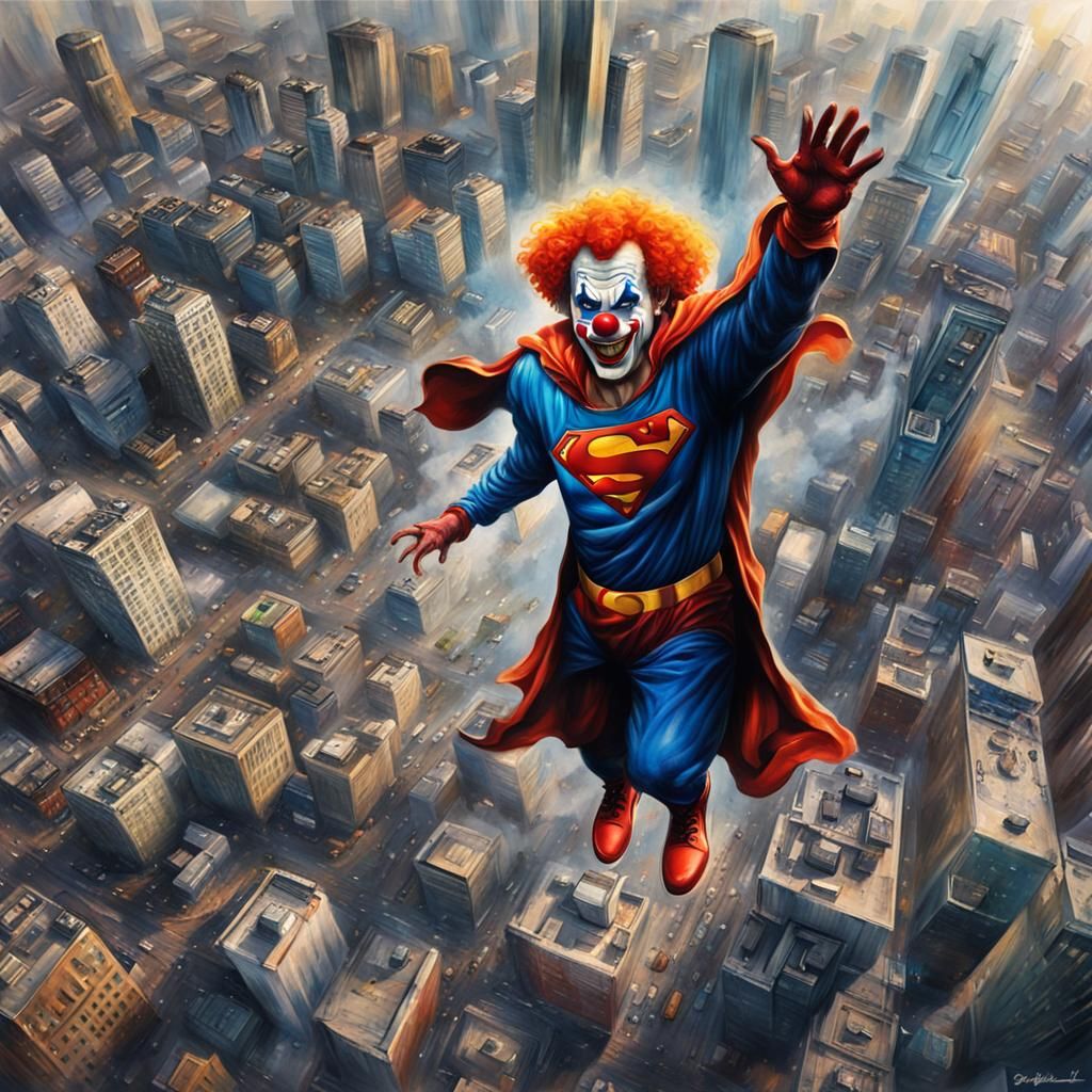 Clown flying over the city in a superman outfit - AI Generated Artwork - NightCafe Creator
