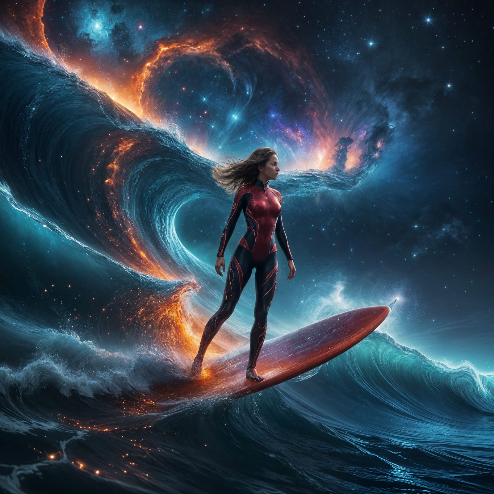 "A surreal cosmic surfer - Cosmic Goddess Riding the Quantu...