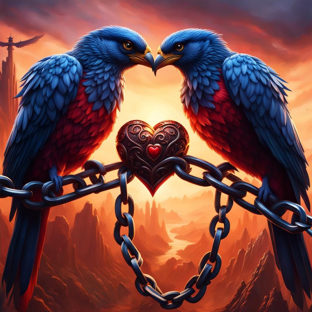 Draw a picture of two heavy hearts in chains merging into a single bird ...