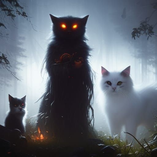 a horrifying ghost holding a cute cat, horror a masterpiece, 8k ...