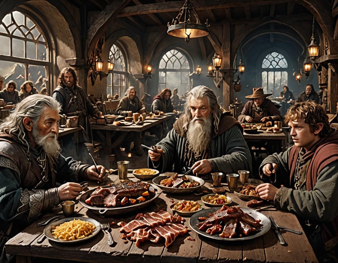 Gandalf the Wizard. Frodo and Samwise are sitting at a table eating ...