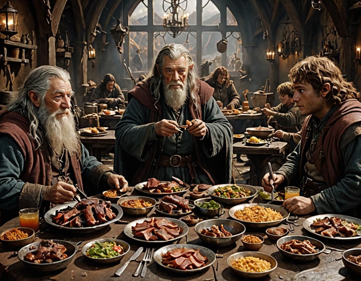 Gandalf the Wizard. Frodo and Samwise are sitting at a table eating ...