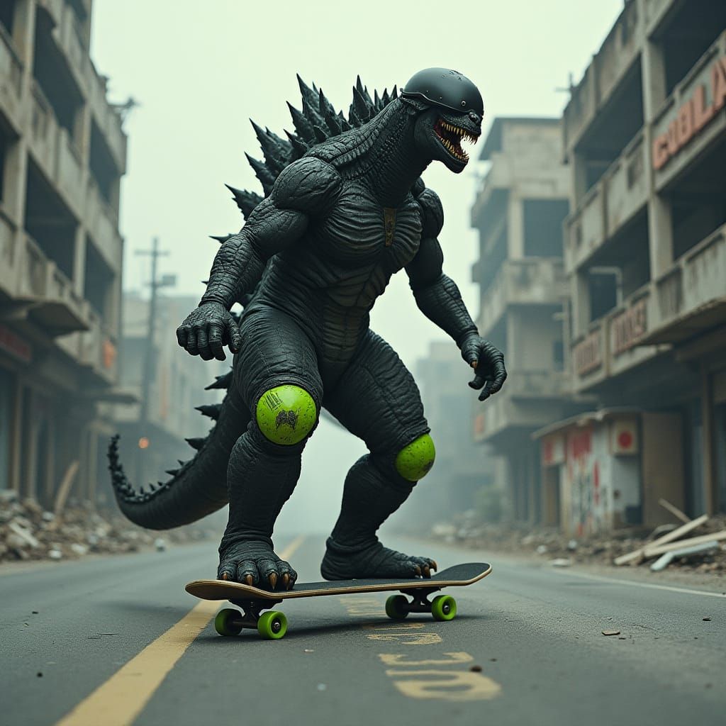 Godzilla skate boarding - Godzilla Skateboarding Through Rui...