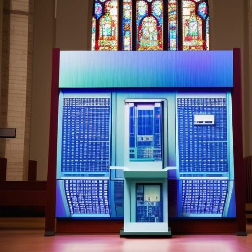 Hyperrealistic big blue IBM 370 computer is the altar of a church ...