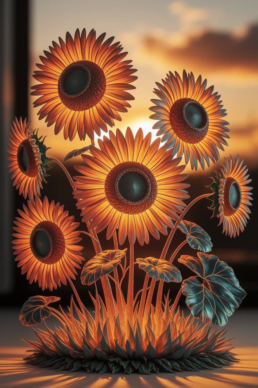 3D stained glass sculpture of sunflowers; photorealistic, intricate ...