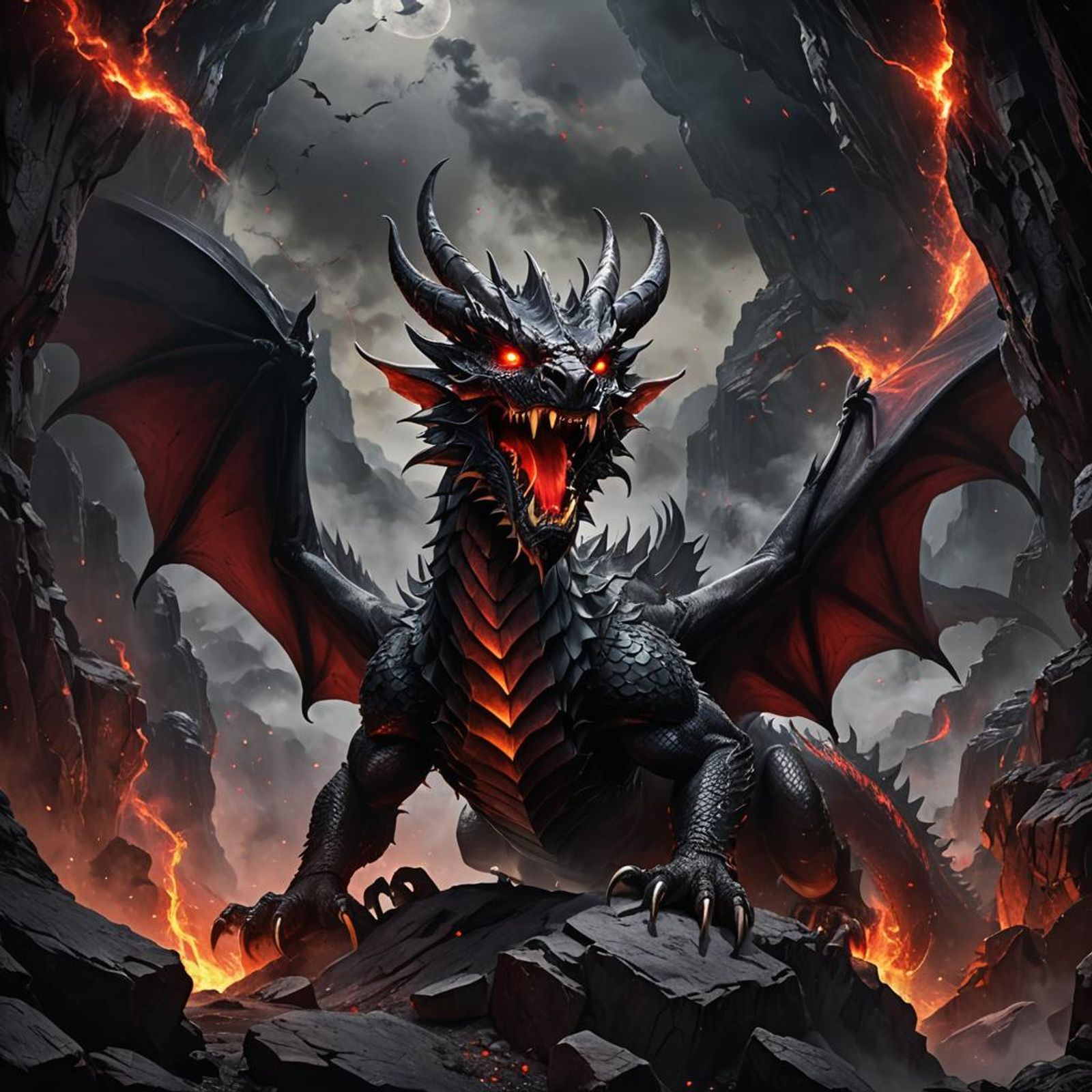 black horned, snarling dragon, glowing golden eyes, scales, long neck ...