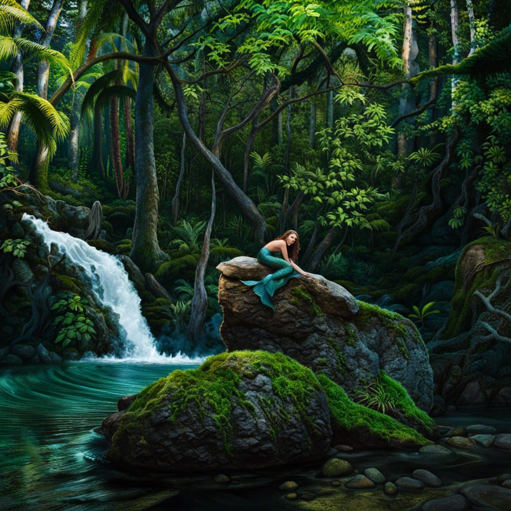 a mermaid on a rock in the forest - AI Generated Artwork - NightCafe ...