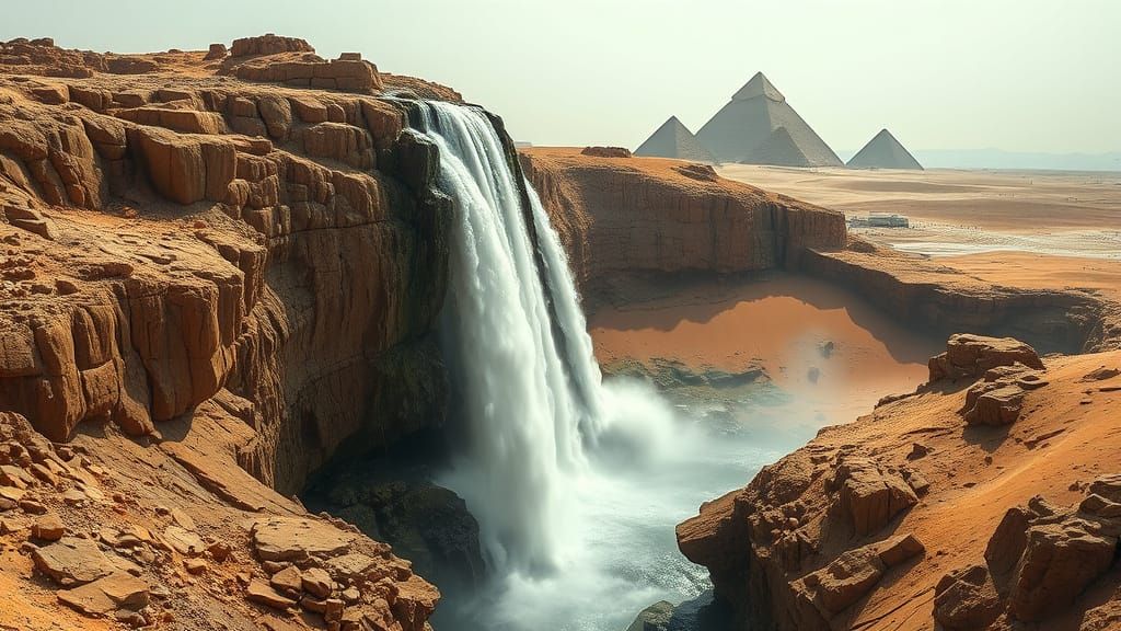 Egyptian Desert Waterfall with Pyramids of Giza - AI Art