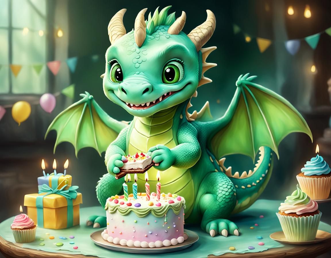 Birthday Dragon Celebrating A Birthday - AI Generated Artwork ...