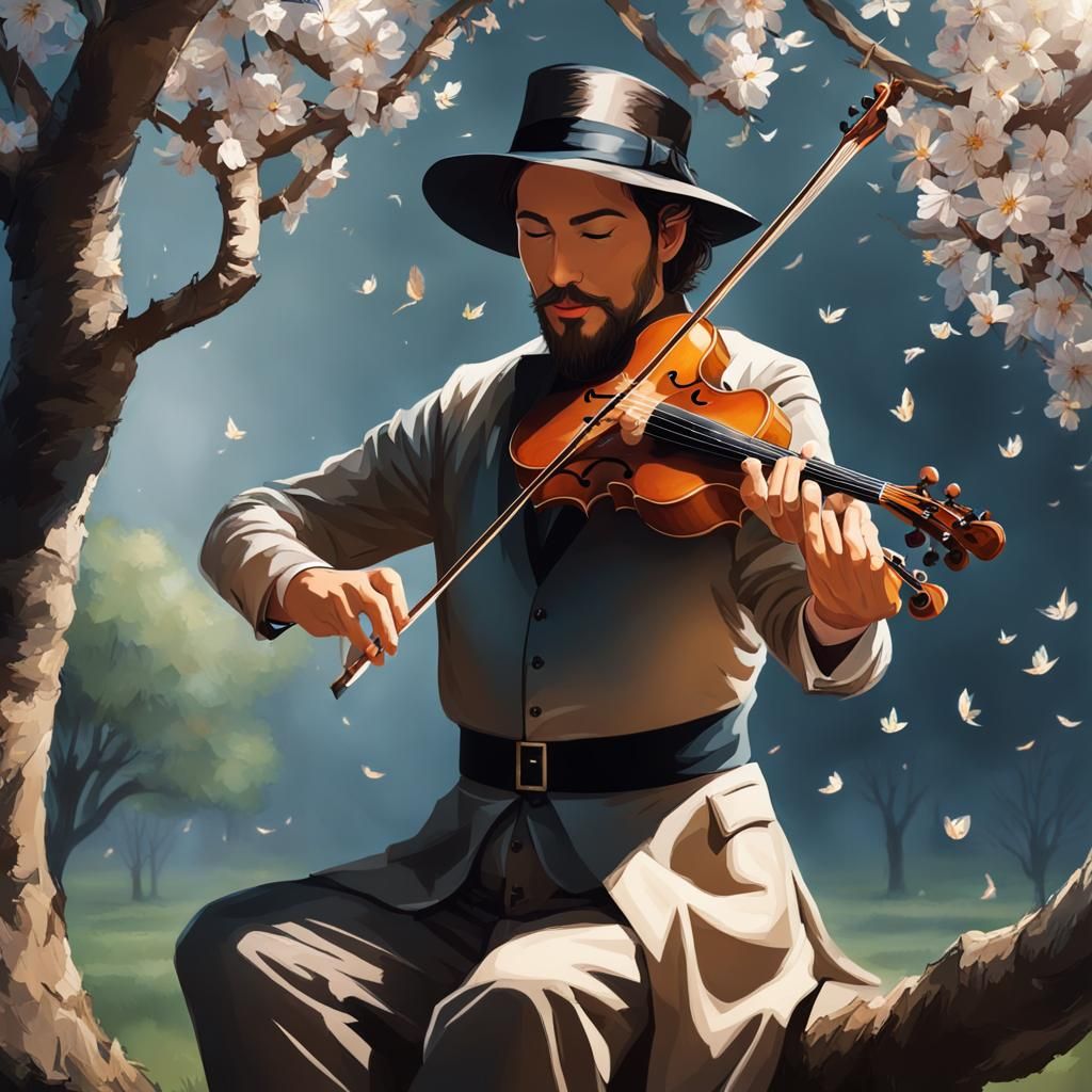 A male fiddler plays sweet melody, beautiful face, bird in an almond ...