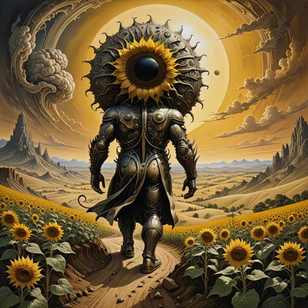 ups - Surrealist Figure Pushes Sunflower Up Dreamlike Hill i...