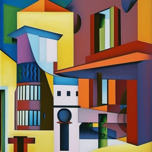 At the horisont, a town with very thight buildings, houses All colored ...