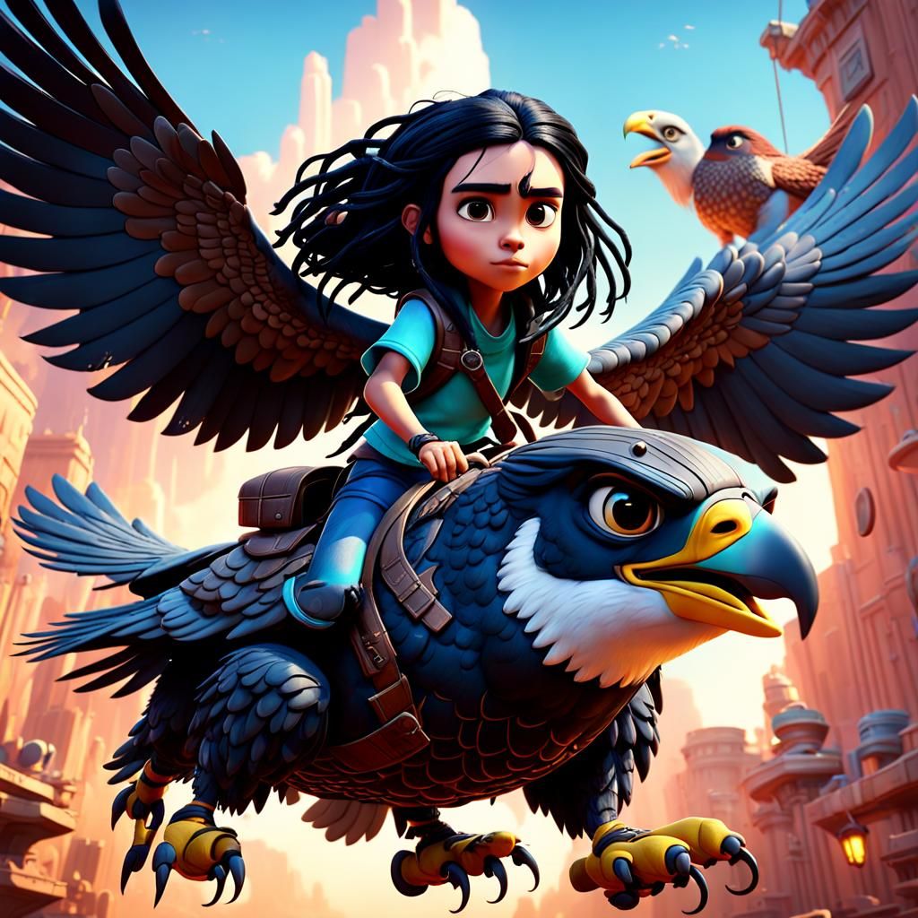 little girl with black hair and dreadlocks rides a giant falcon - AI ...
