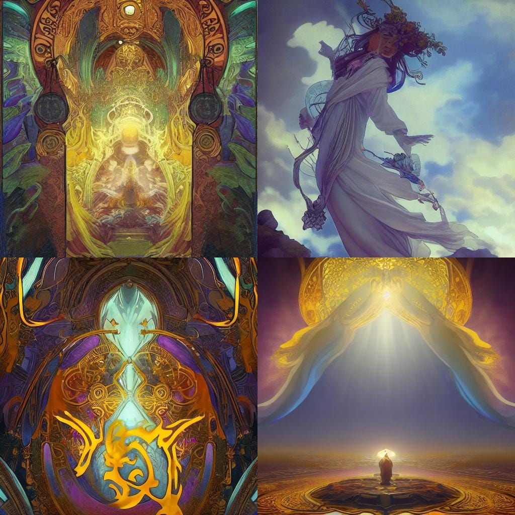 Mystical Gods descending from a luminous blue and silver glowing sky ...