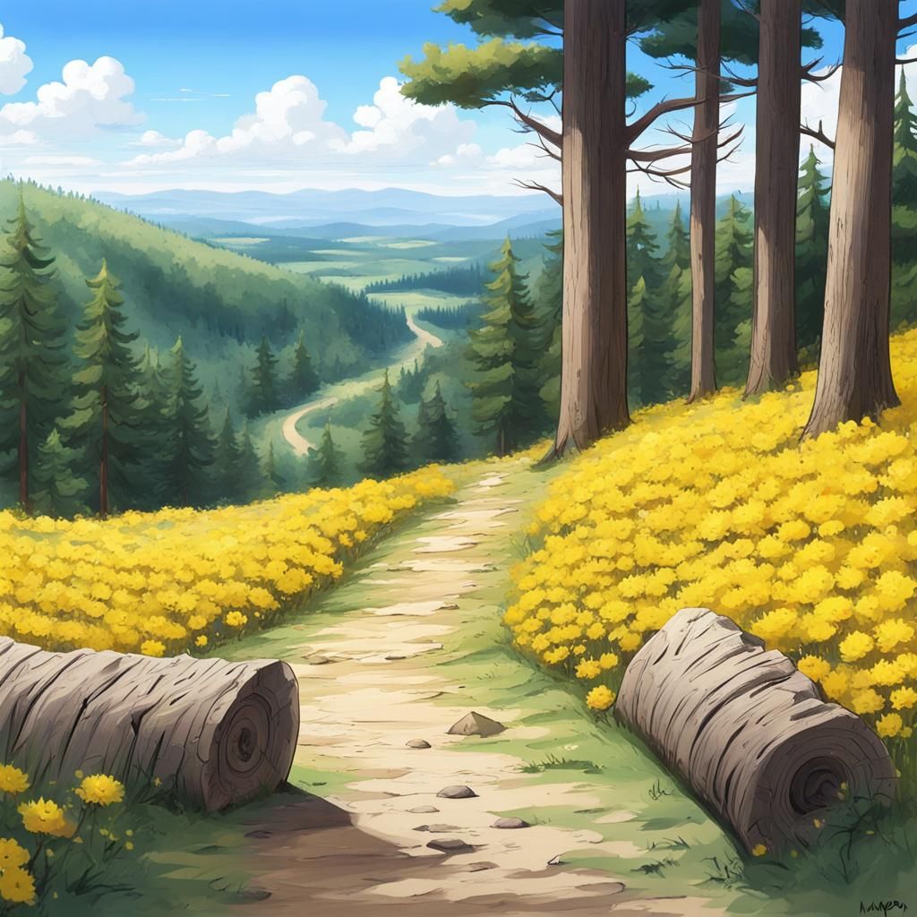 a wide gravel track path leading through a dense pine forest towards a ...