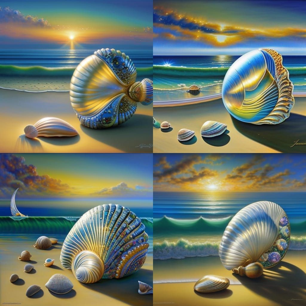 a few very large intricate highly detailed seashells glittering and ...