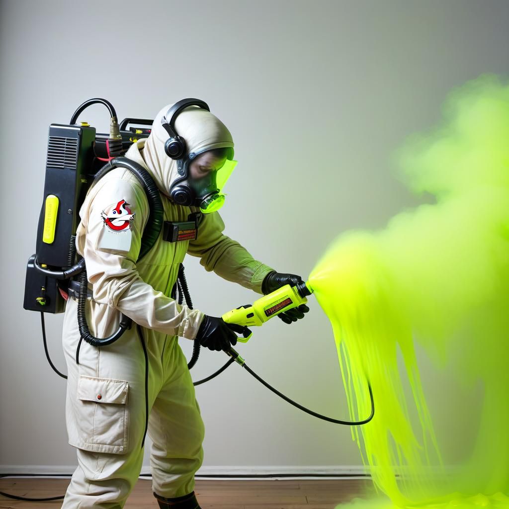 Ghostbuster spraying a ghost with a neon yellow high pressure ...