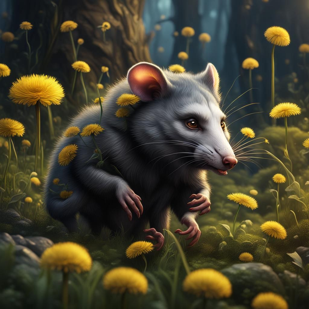 A possum eating dandelions detailed matte painting, deep color ...