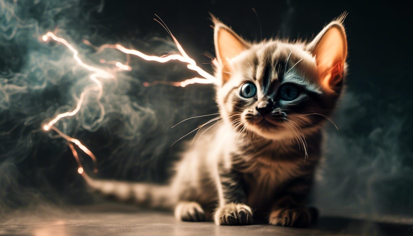 Photograph Portrait of a cute Alien Kitten, lightning In Darkness ...