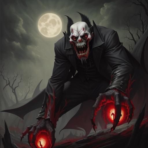 Terrifying shadow vampire, violent, red eyes, sharp teeth. 1800s oil ...