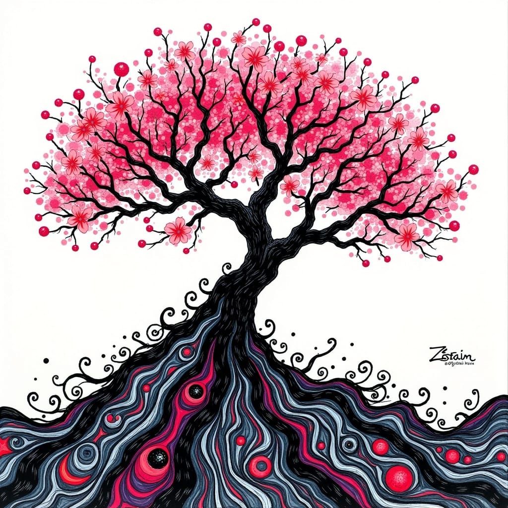 Sakura Tree Mountain with intricate swirls and tiny circles for detail...