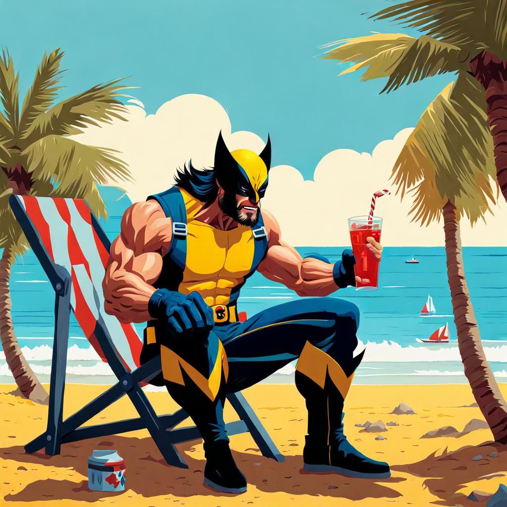 Wolverine relaxing at the beach with a drink gouache intricately ...
