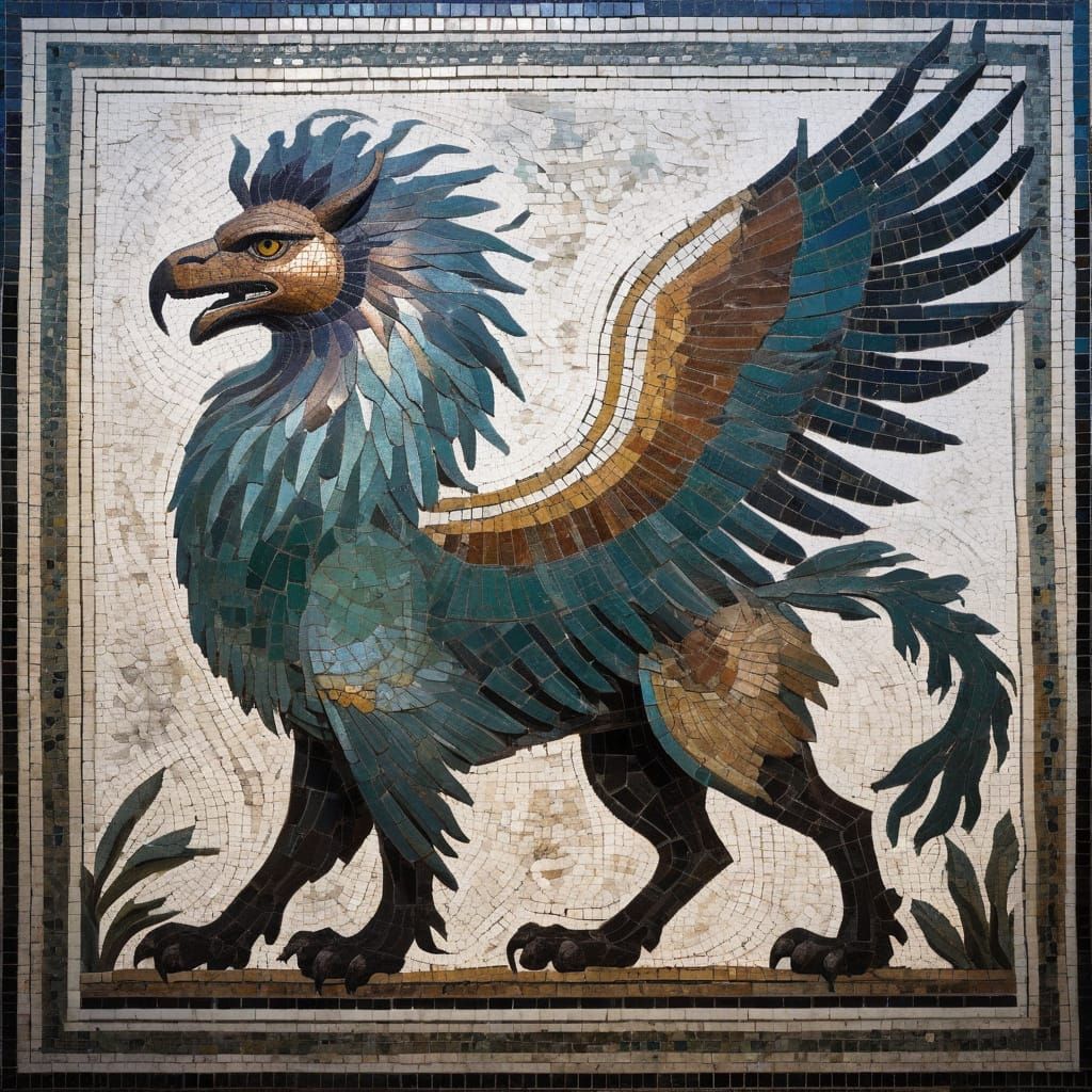 "Ancient Roman-style mosaic depicting a majestic griffon, its body ...
