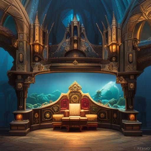 Underwater, Emperor throne, fish, fantasy, maximalist, complex, elegant ...