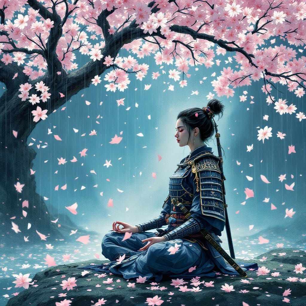 Surreal Samurai Goddess Contemplates Beneath Cherr... - AI Art