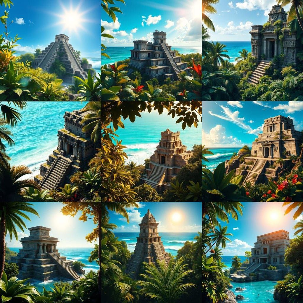 Mayan Temple Amidst Lush Foliage and Ocean - AI Art