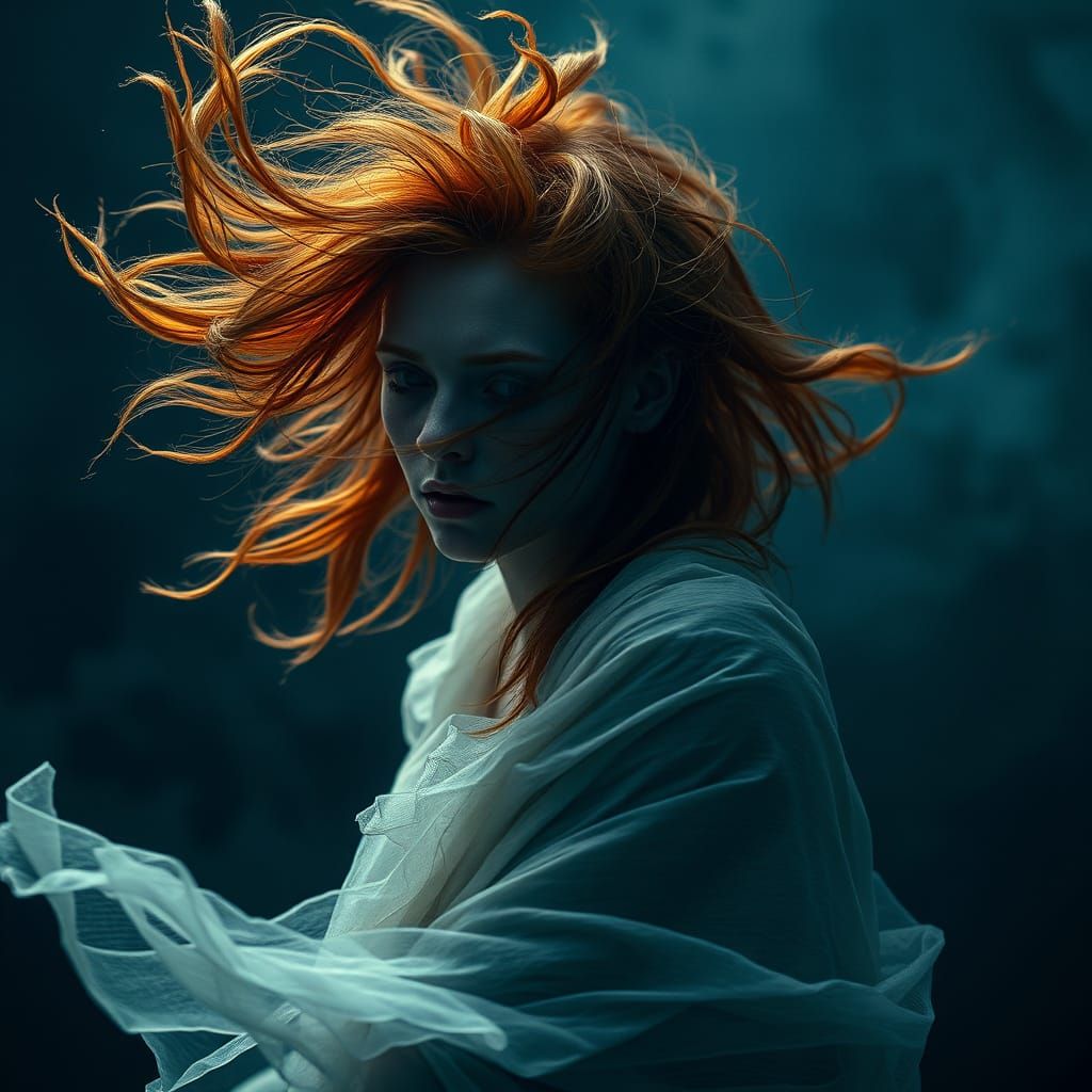 A Banshee with messi ginger hair. Ghostly clothes. Background dark ...