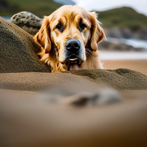 photorealistic beautiful golden retriever at the beach Professional ...