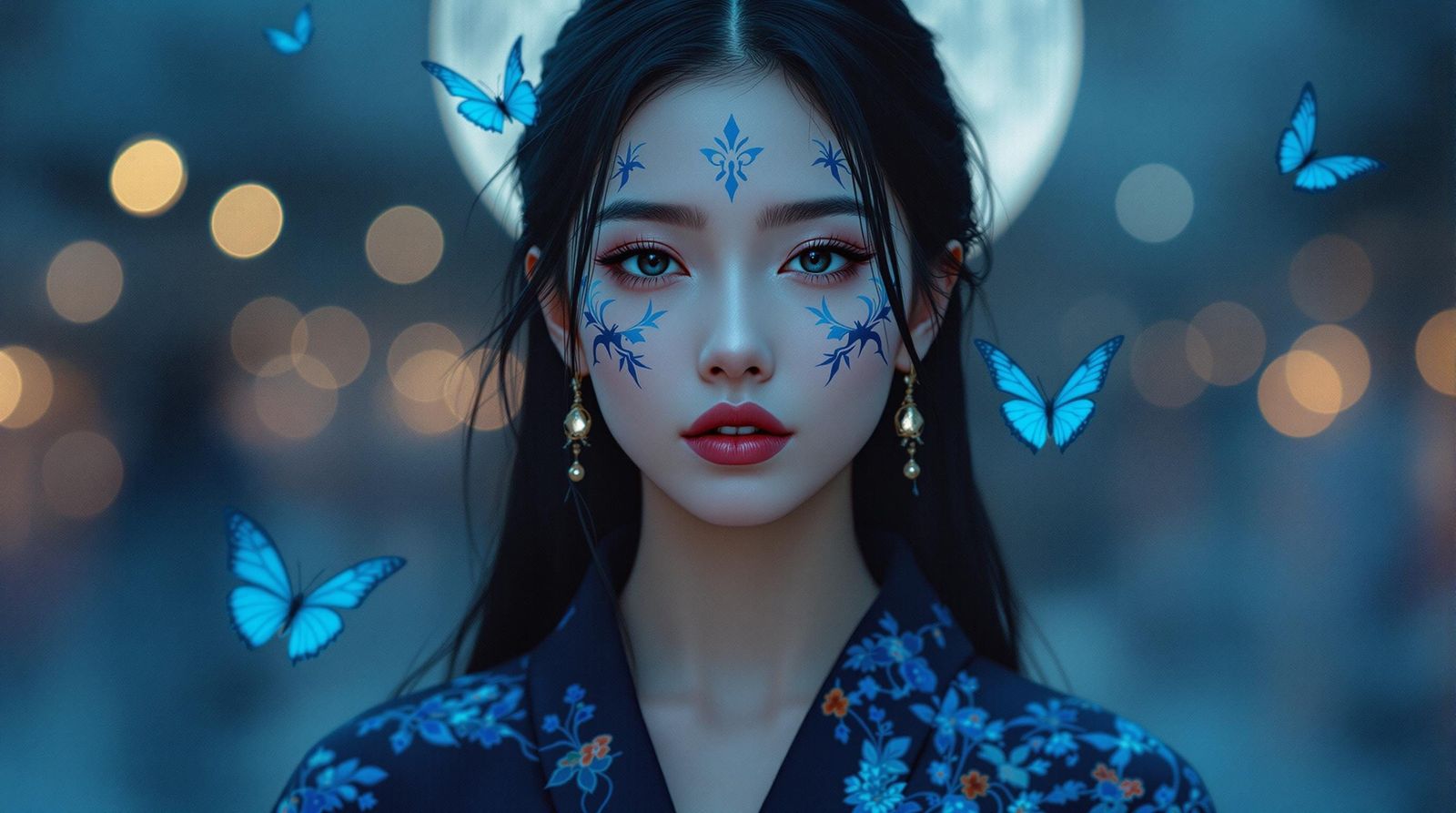 Flutterby - Elegant Woman in a Dreamlike Moonlit Scene with...