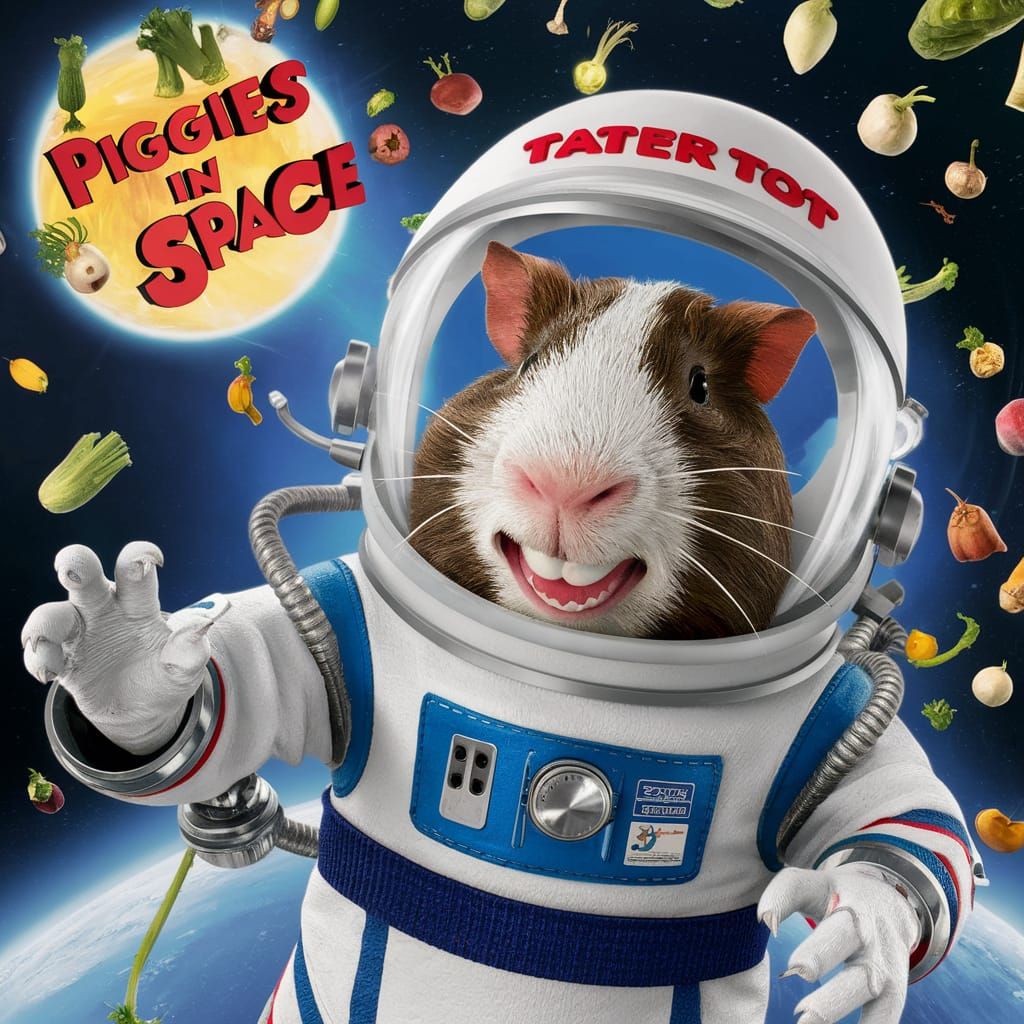 Movie poster stating 'Piggies in Space' depicting a scene of a silly ...
