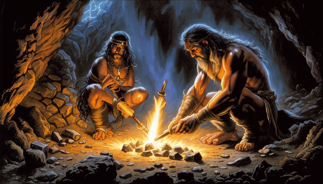 "Caveman lighting a fire , making a spear using primitive tools" - AI ...