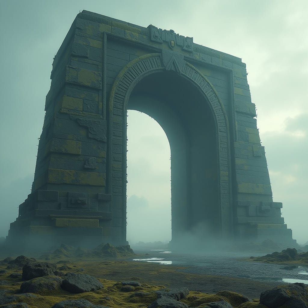 A colossal, otherworldly masonic arch rises from the barren, ethereal ...