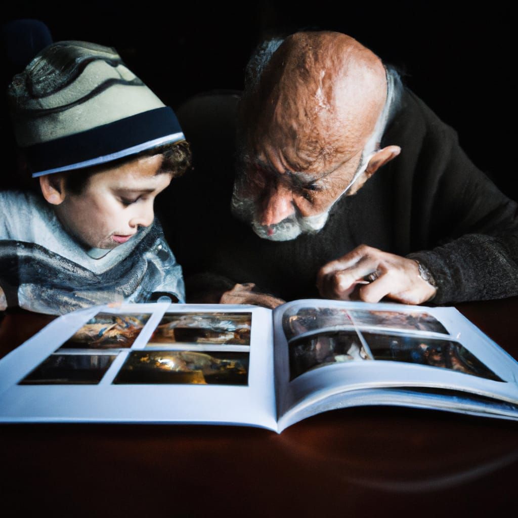 Grandfather and Grandson looking at photos Close up portrait, ambient ...